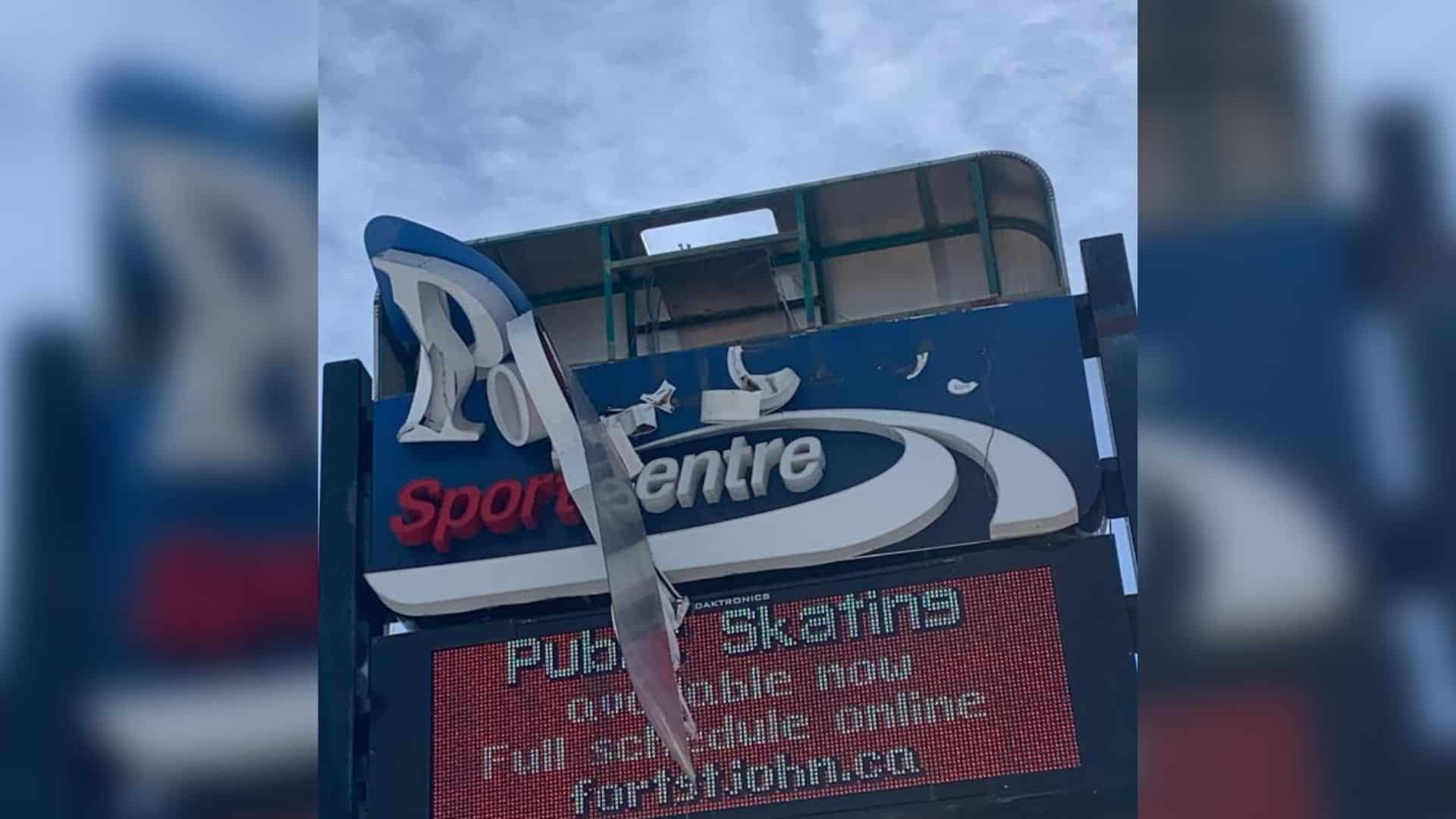 Pomeroy Sport Centre sign damaged by wind