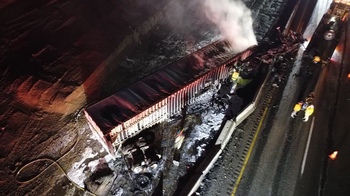 Semi truck flips and catches fire on Highway 1 in Abbotsford, B.C.