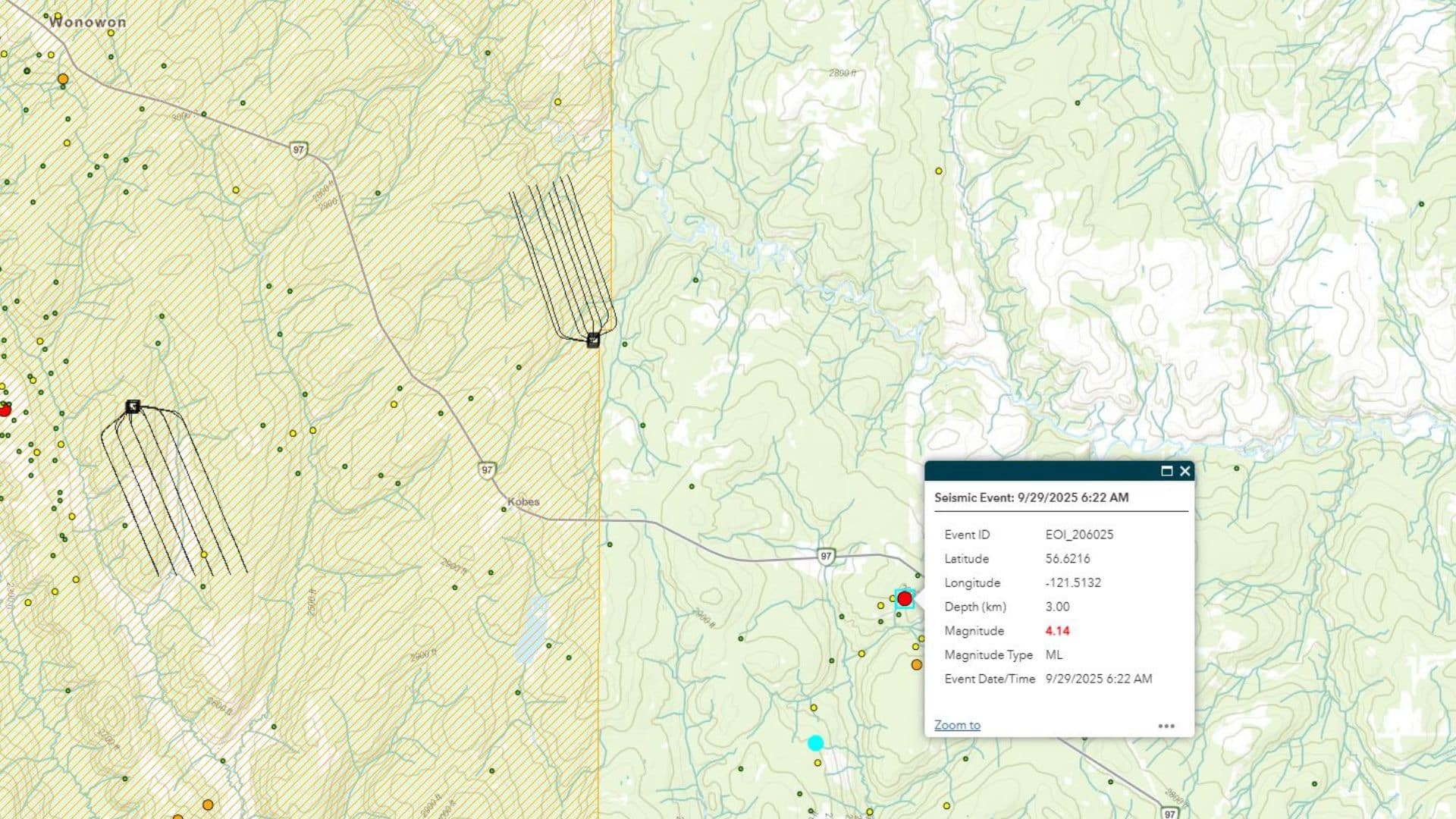 4.14 earthquake recorded east of Wonowon near Highway 97